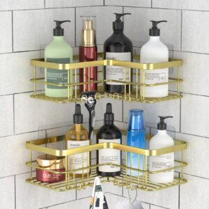 yazoni corner shower caddy, adhesive shower shelves no drilling [2-pack], rustproof stainless steel bathroom shower organizer with 8 hooks, shower shelf for inside shower (gold)