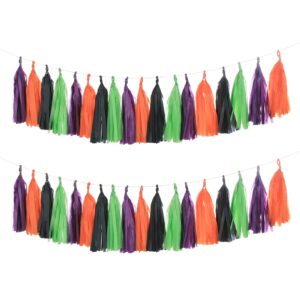 mefuny 20pcs orange black purple green tassel garland tissue paper tassel banner decoration for halloween, tassel diy party garland, birthday party, baby shower, festival