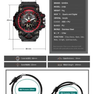 KXAITO Men's Watches Sports Outdoor Waterproof Military Watch Date Multi Function Tactics LED Face Alarm Stopwatch for men 3169 (Red_Band)