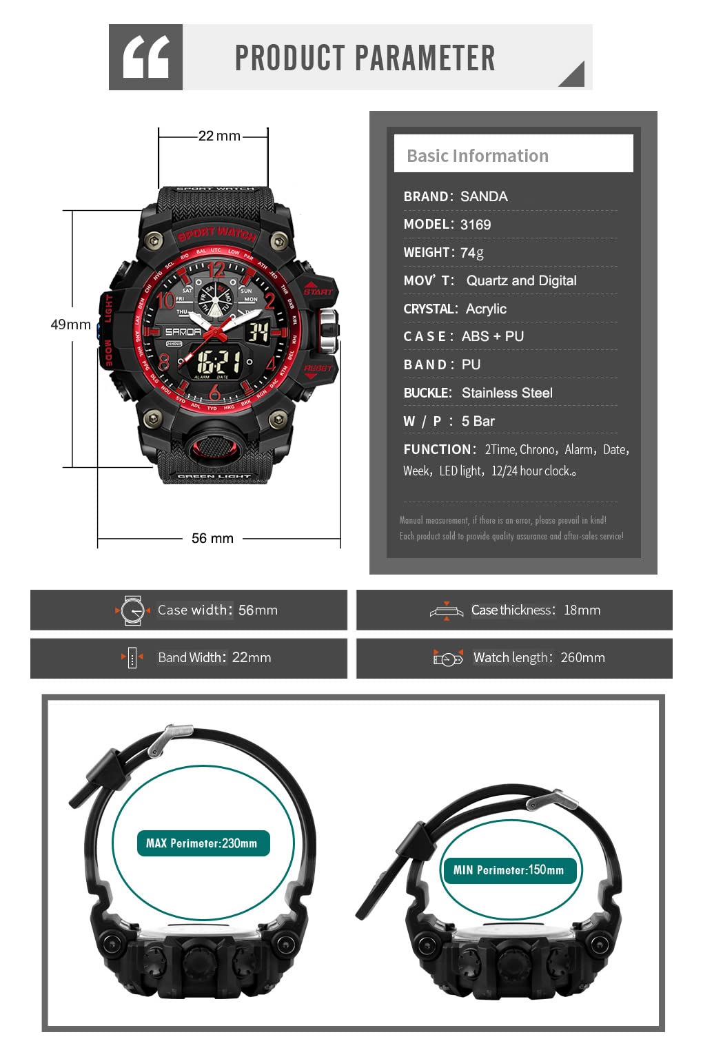 KXAITO Men's Watches Sports Outdoor Waterproof Military Watch Date Multi Function Tactics LED Face Alarm Stopwatch for men 3169 (Red_Band)