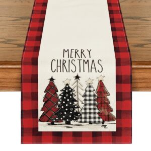 artoid mode watercolor red and black buffalo plaid christmas trees merry xmas table runner, seasonal winter holiday kitchen dining table decoration for indoor outdoor home party decor 13 x 72 inch