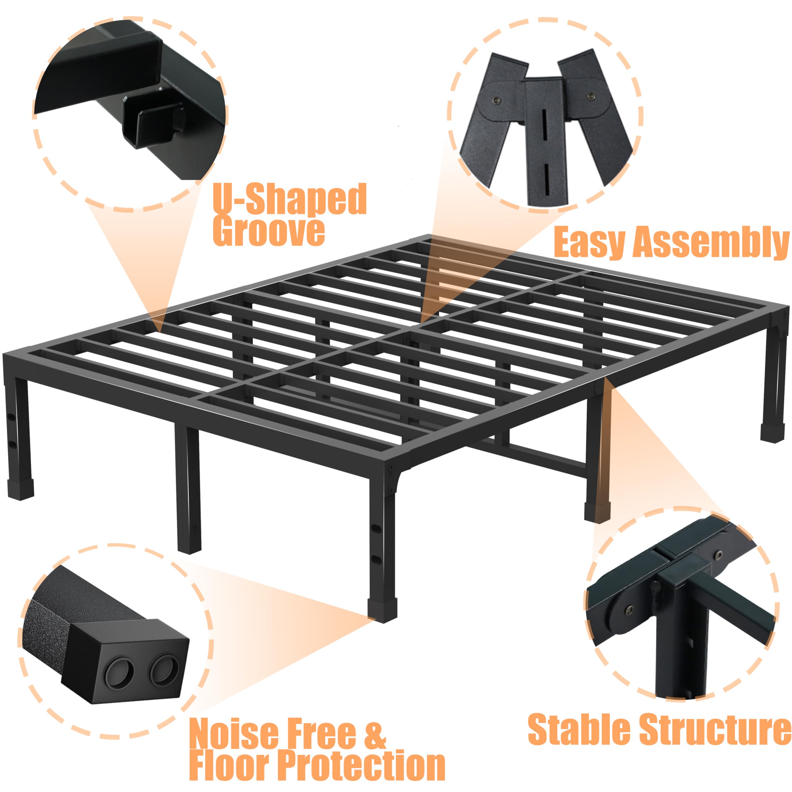 FUIOBYVV Queen Bed Frame, 14 Inch Heavy Duty Metal Platform Bed Frame Queen Size Support Up to 3500 lbs, No Box Spring Needed/No Shaking/Steel Slat Support/Noise Free/Easy Assembly