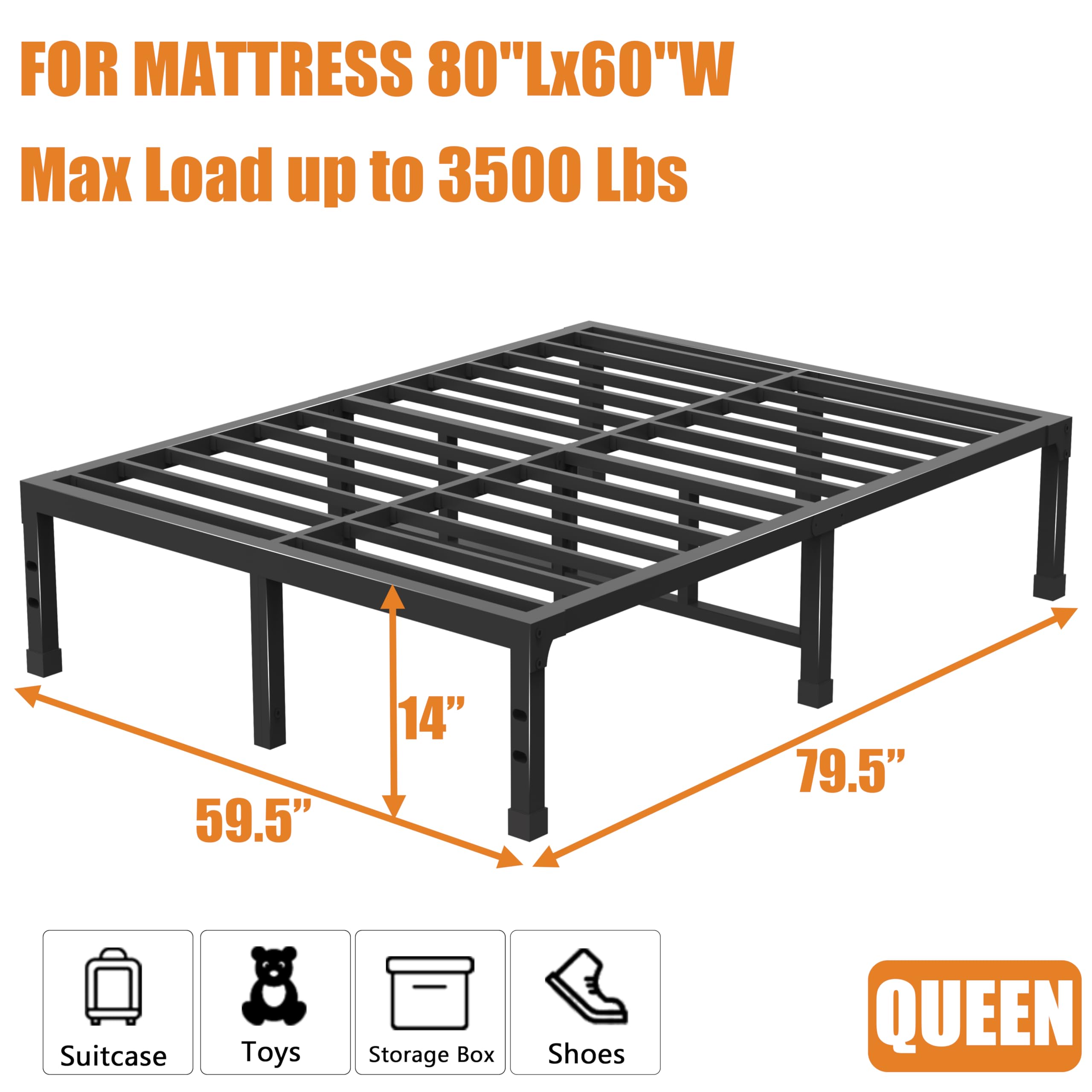 FUIOBYVV Queen Bed Frame, 14 Inch Heavy Duty Metal Platform Bed Frame Queen Size Support Up to 3500 lbs, No Box Spring Needed/No Shaking/Steel Slat Support/Noise Free/Easy Assembly