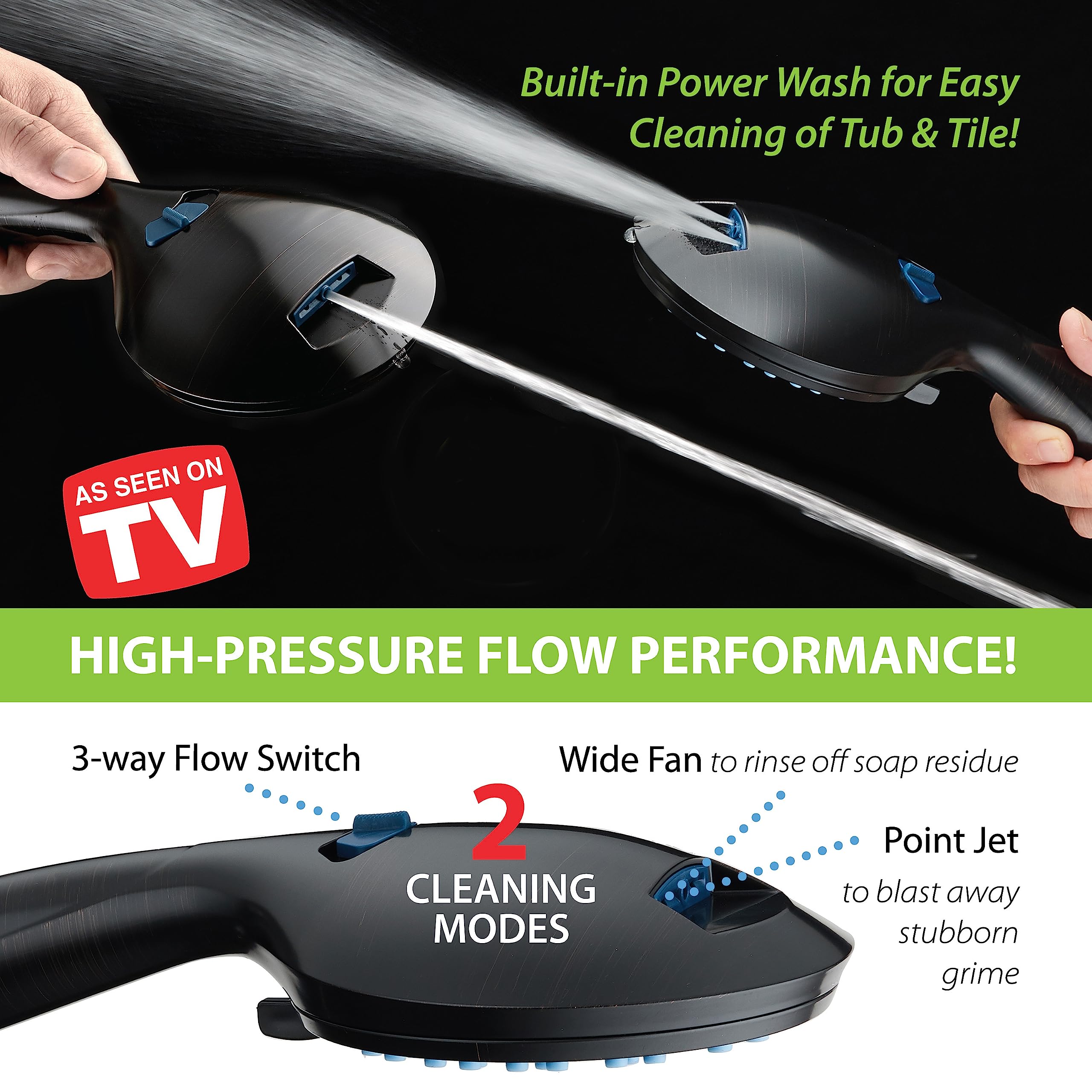 AquaCare As-Seen-On-TV High Pressure 48-setting Rain & Handheld 3-way Shower Head Combo - Anti-clog Nozzles/Tub, Tile & Pet Power Wash/Extra Long 6 ft. Stainless Steel Hose/Matte Black Finish