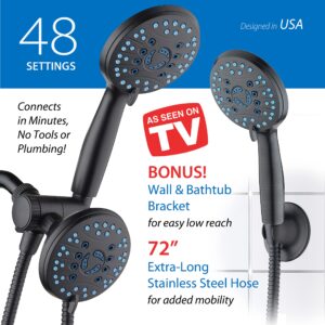 AquaCare As-Seen-On-TV High Pressure 48-setting Rain & Handheld 3-way Shower Head Combo - Anti-clog Nozzles/Tub, Tile & Pet Power Wash/Extra Long 6 ft. Stainless Steel Hose/Matte Black Finish