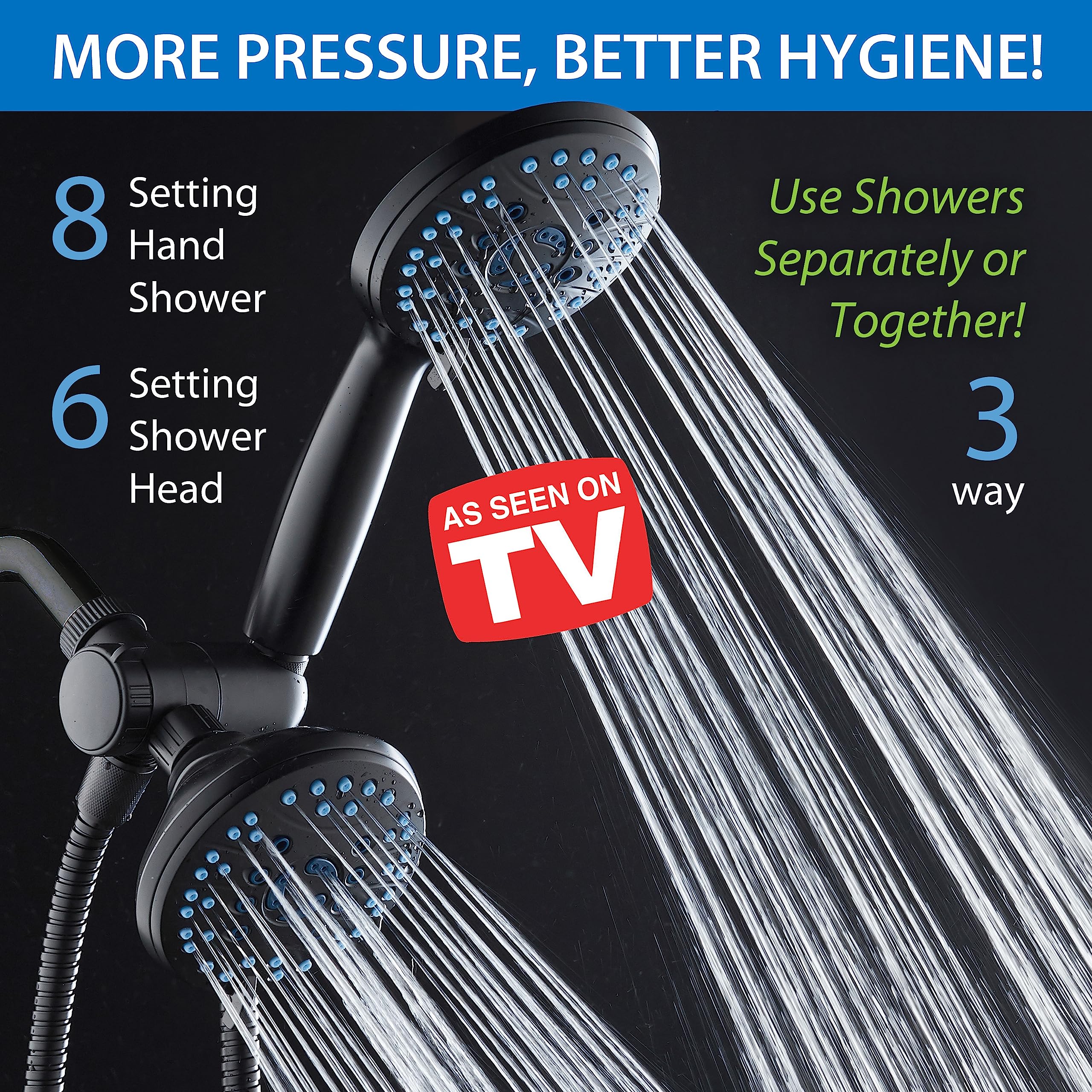 AquaCare As-Seen-On-TV High Pressure 48-setting Rain & Handheld 3-way Shower Head Combo - Anti-clog Nozzles/Tub, Tile & Pet Power Wash/Extra Long 6 ft. Stainless Steel Hose/Matte Black Finish