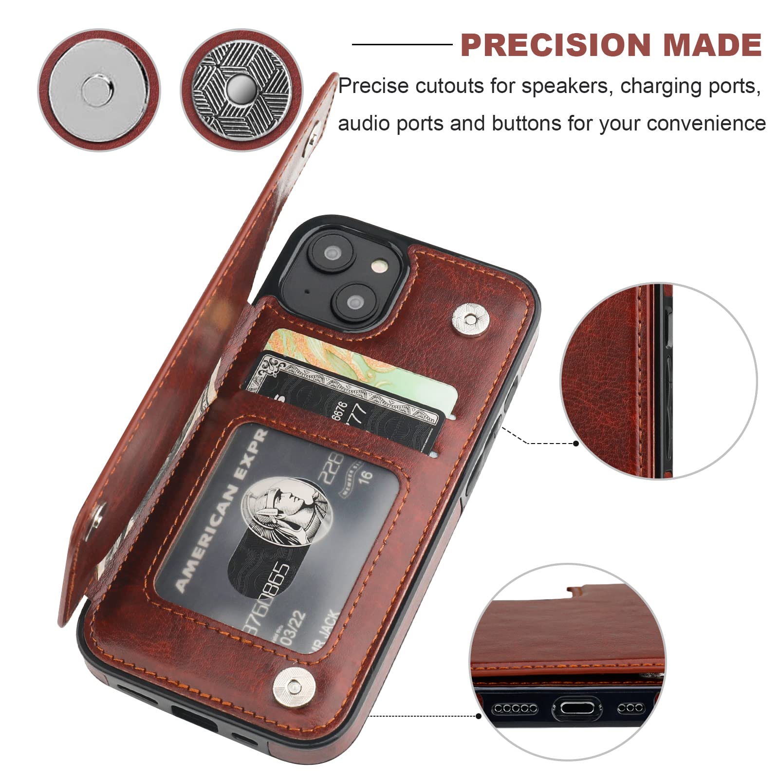 ONETOP Compatible with iPhone 14 Wallet Case with Card Holder, PU Leather Kickstand Card Slots Case, Double Magnetic Clasp and Durable Shockproof Cover 6.1 Inch (Brown)