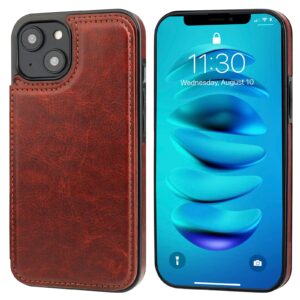 ONETOP Compatible with iPhone 14 Wallet Case with Card Holder, PU Leather Kickstand Card Slots Case, Double Magnetic Clasp and Durable Shockproof Cover 6.1 Inch (Brown)