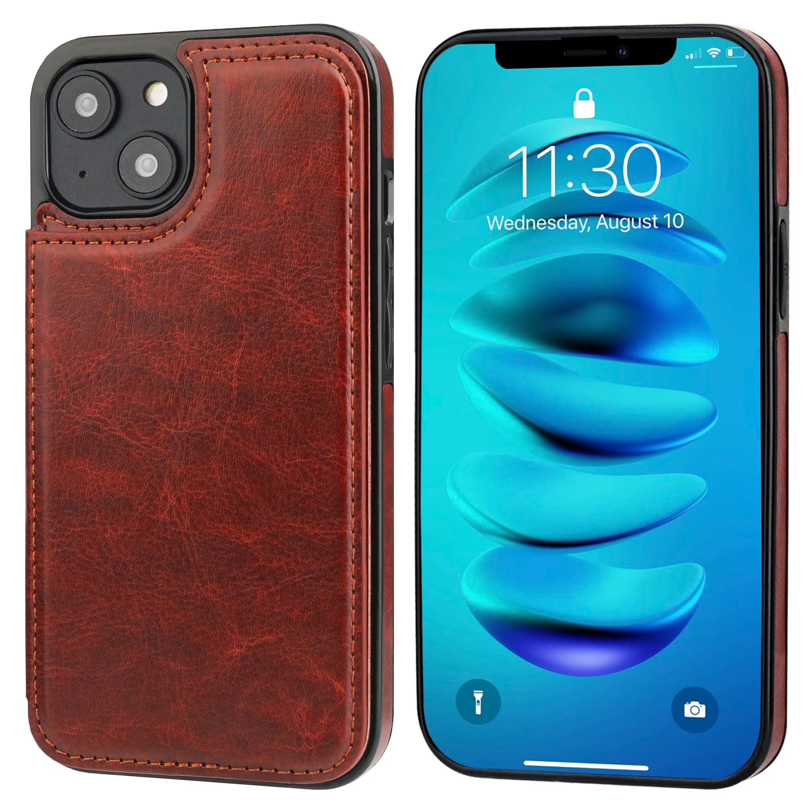 ONETOP Compatible with iPhone 14 Wallet Case with Card Holder, PU Leather Kickstand Card Slots Case, Double Magnetic Clasp and Durable Shockproof Cover 6.1 Inch (Brown)