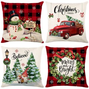 butyhome christmas pillow covers 18x18 buffalo plaid pillows with trees snowman elf decorative holiday throw for sofa couch decorations set of 4 (sa18)