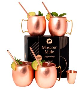 will's moscow mule copper mugs - set of 4-100% pure solid copper mugs - 16 oz premium gift set with 4 cocktail copper straws, shot glass and recipe booklet (set of 4)