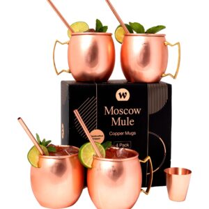 will's Moscow Mule Copper Mugs - Set of 4-100% Pure Solid Copper Mugs - 16 oz Premium Gift Set with 4 Cocktail Copper Straws, Shot Glass and Recipe Booklet (Set of 4)