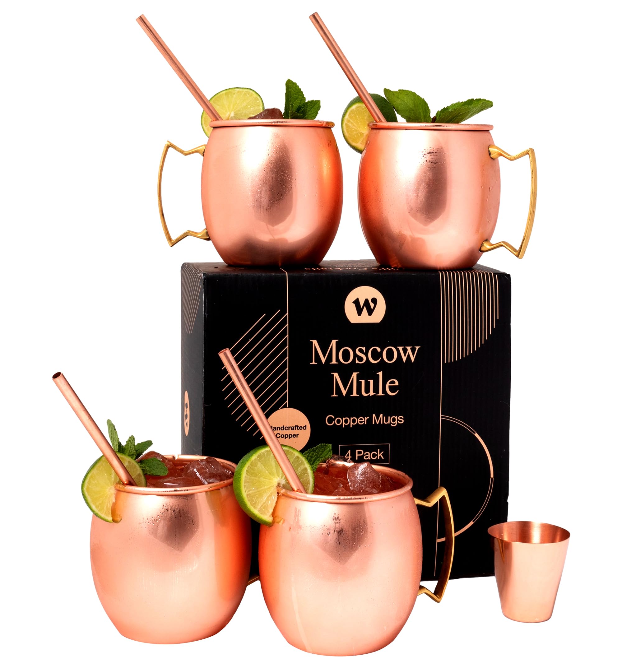 will's Moscow Mule Copper Mugs - Set of 4-100% Pure Solid Copper Mugs - 16 oz Premium Gift Set with 4 Cocktail Copper Straws, Shot Glass and Recipe Booklet (Set of 4)