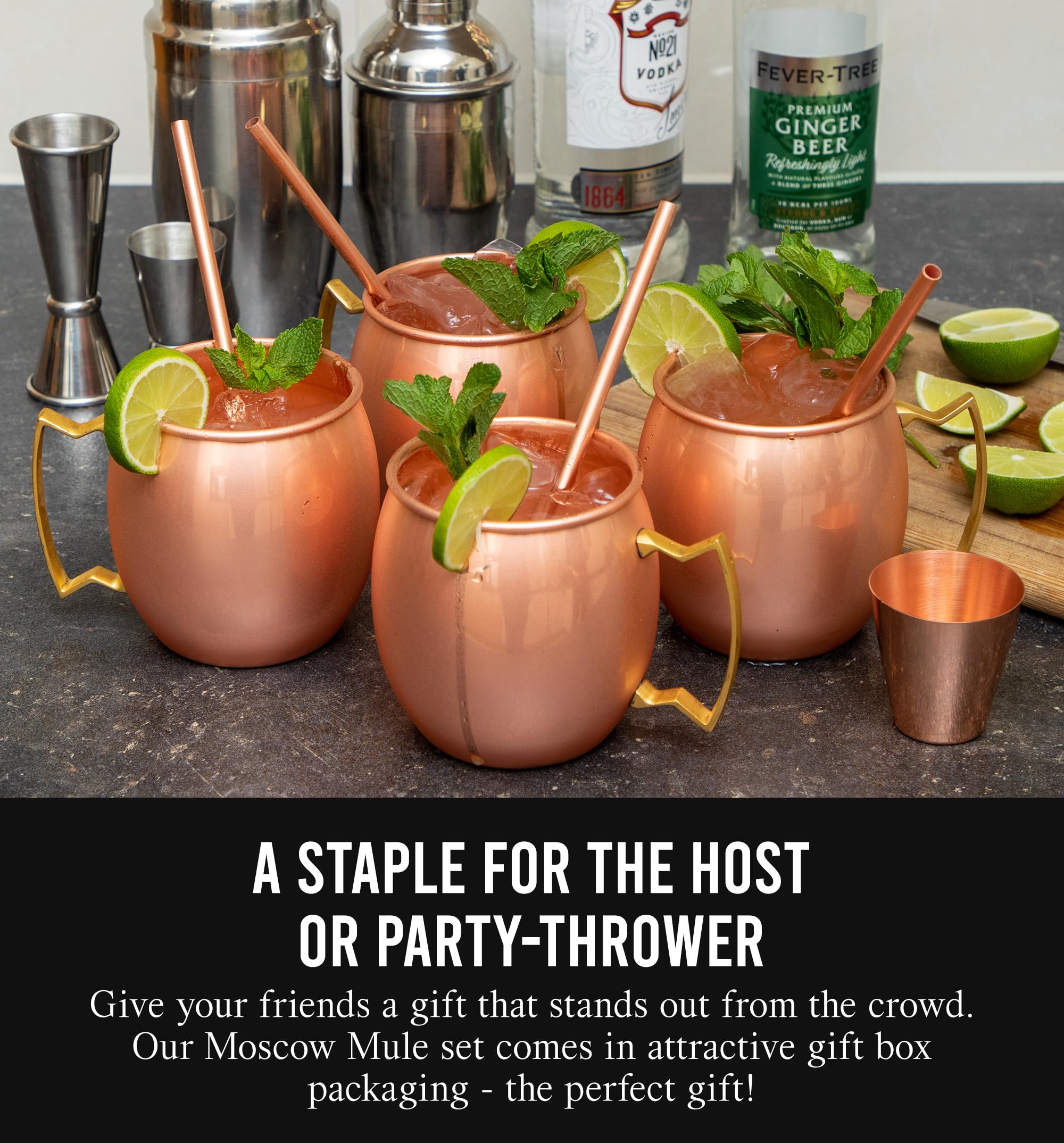 will's Moscow Mule Copper Mugs - Set of 4-100% Pure Solid Copper Mugs - 16 oz Premium Gift Set with 4 Cocktail Copper Straws, Shot Glass and Recipe Booklet (Set of 4)