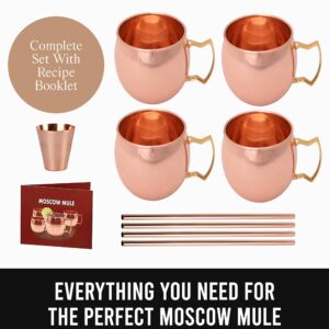 will's Moscow Mule Copper Mugs - Set of 4-100% Pure Solid Copper Mugs - 16 oz Premium Gift Set with 4 Cocktail Copper Straws, Shot Glass and Recipe Booklet (Set of 4)