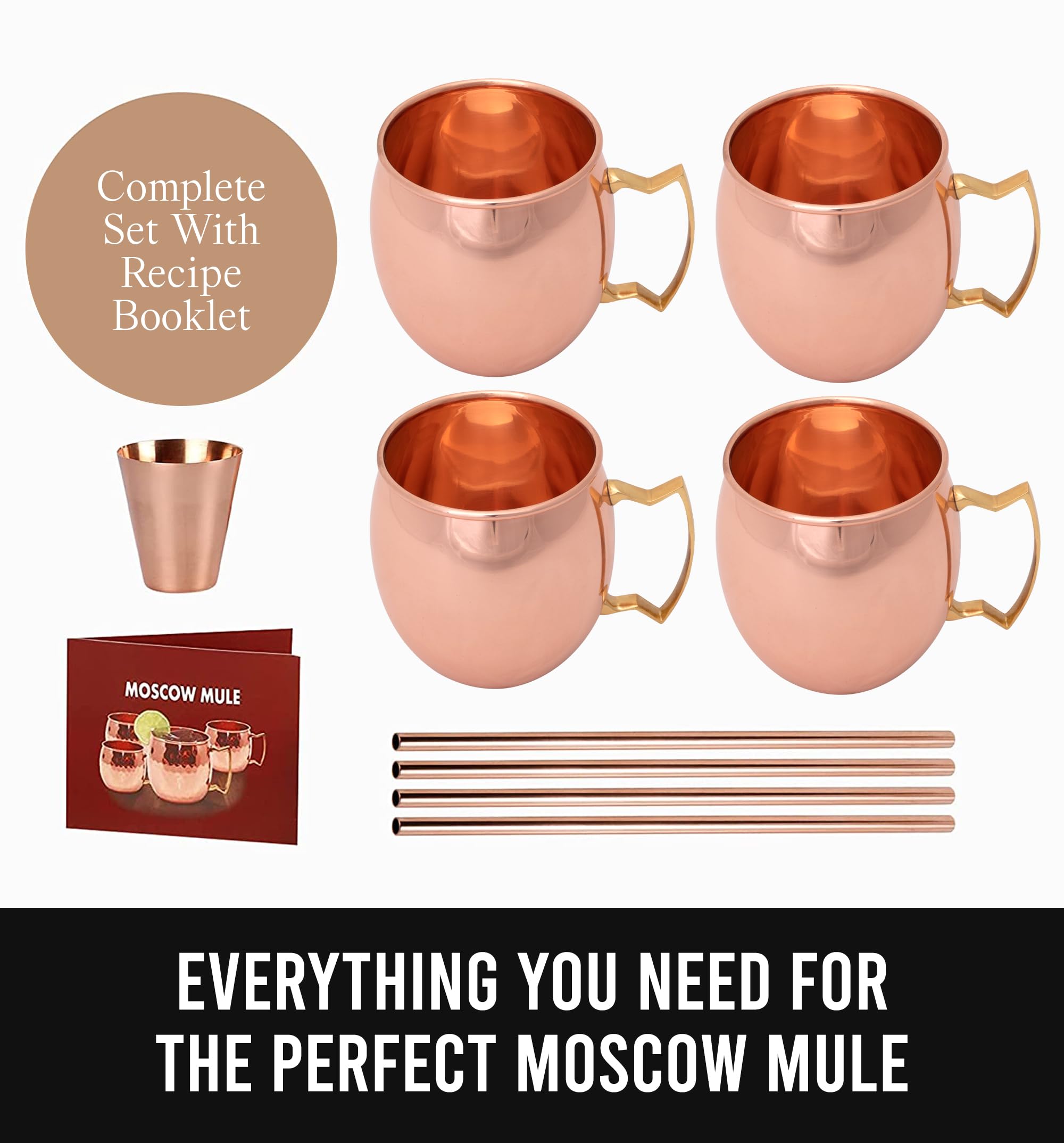 will's Moscow Mule Copper Mugs - Set of 4-100% Pure Solid Copper Mugs - 16 oz Premium Gift Set with 4 Cocktail Copper Straws, Shot Glass and Recipe Booklet (Set of 4)