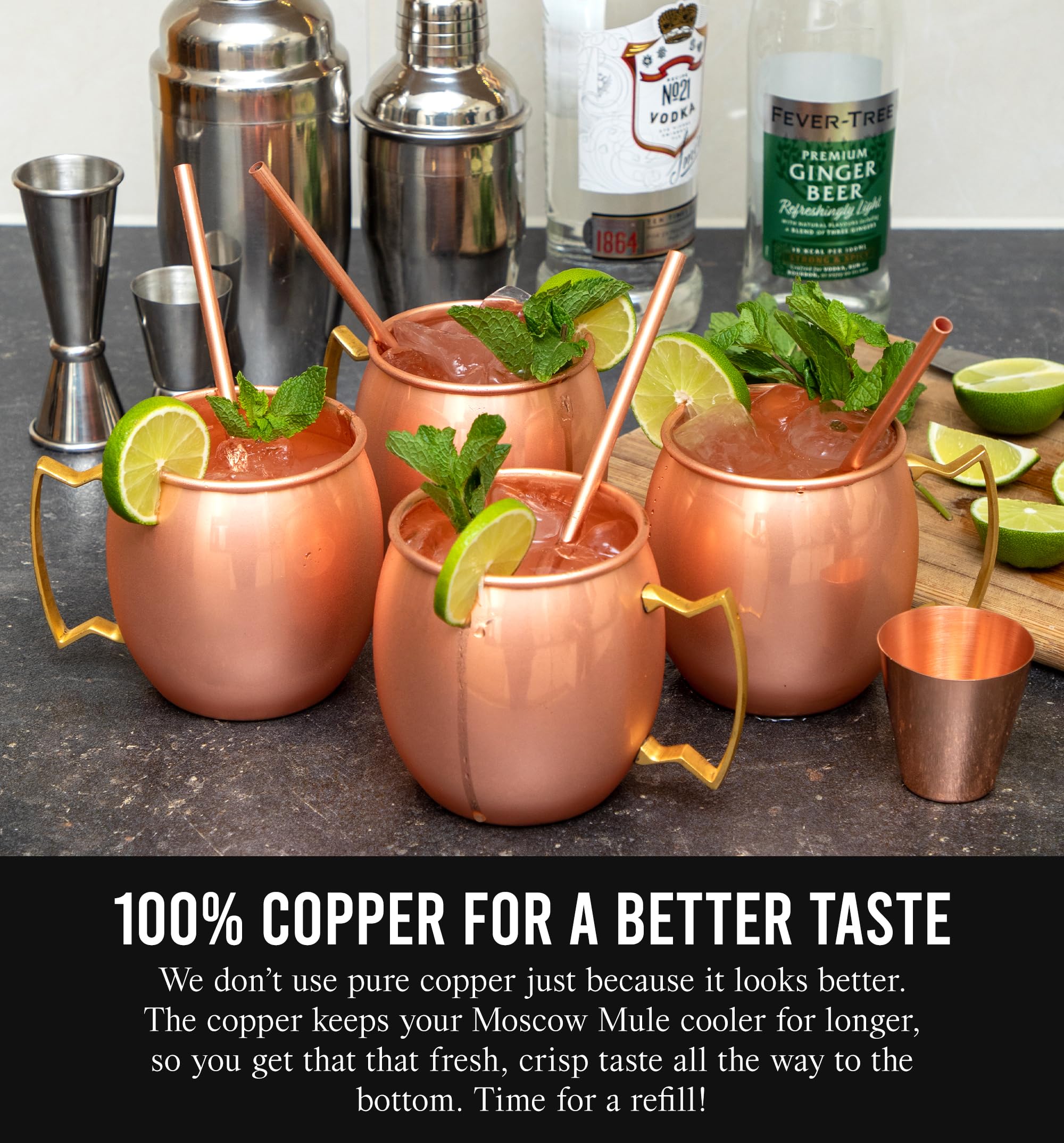 will's Moscow Mule Copper Mugs - Set of 4-100% Pure Solid Copper Mugs - 16 oz Premium Gift Set with 4 Cocktail Copper Straws, Shot Glass and Recipe Booklet (Set of 4)