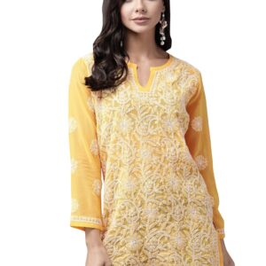 Ada Indian Hand Embroidered Chikankari Women's Georgette Yellow Top Tunic Shirt Kurti A911231 (Large)