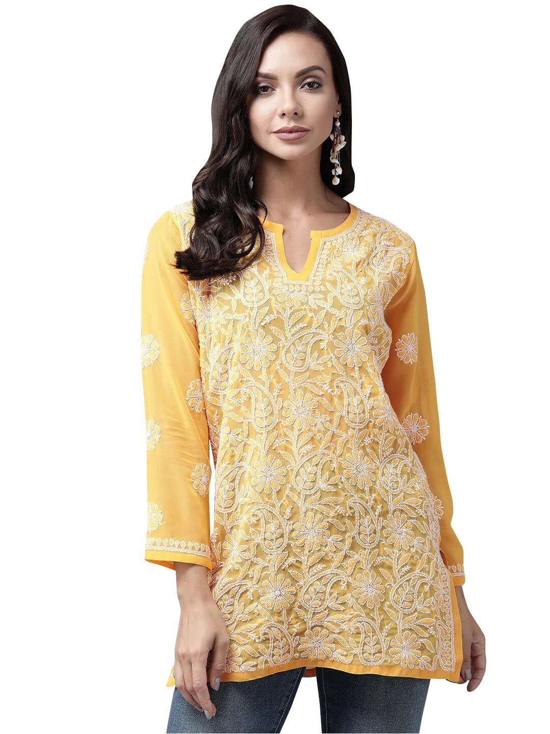 Ada Indian Hand Embroidered Chikankari Women's Georgette Yellow Top Tunic Shirt Kurti A911231 (Large)