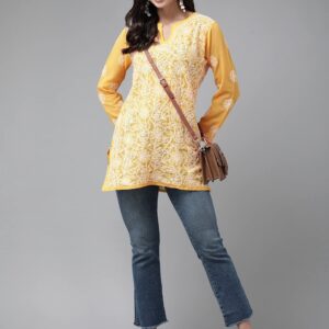 Ada Indian Hand Embroidered Chikankari Women's Georgette Yellow Top Tunic Shirt Kurti A911231 (Large)