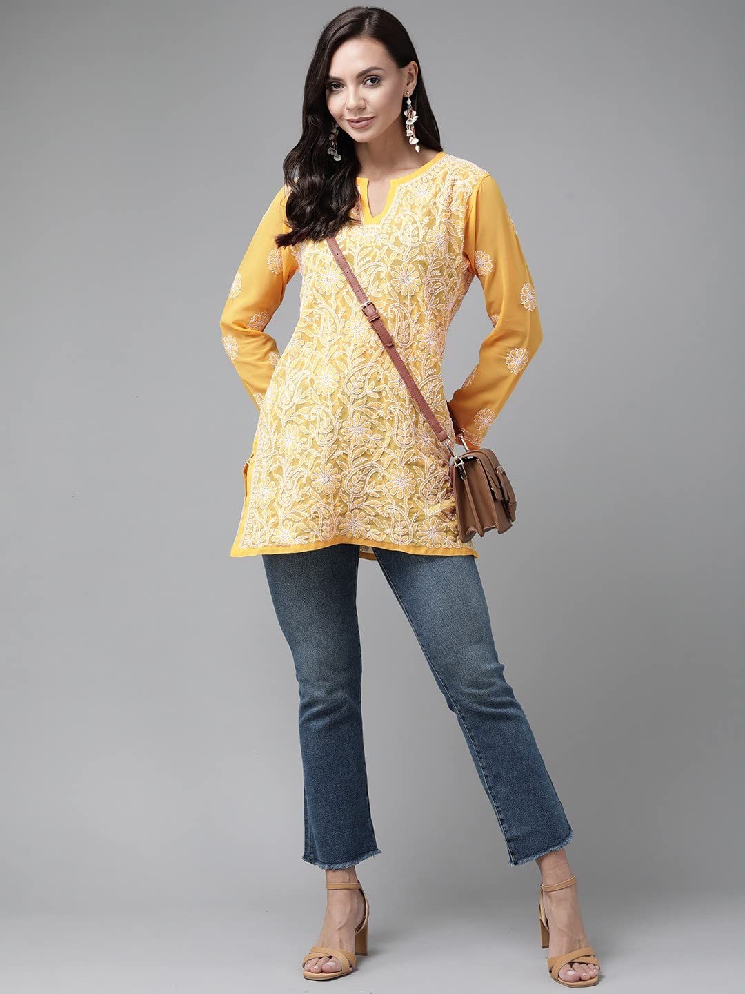 Ada Indian Hand Embroidered Chikankari Women's Georgette Yellow Top Tunic Shirt Kurti A911231 (Large)