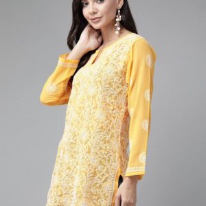 Ada Indian Hand Embroidered Chikankari Women's Georgette Yellow Top Tunic Shirt Kurti A911231 (Large)