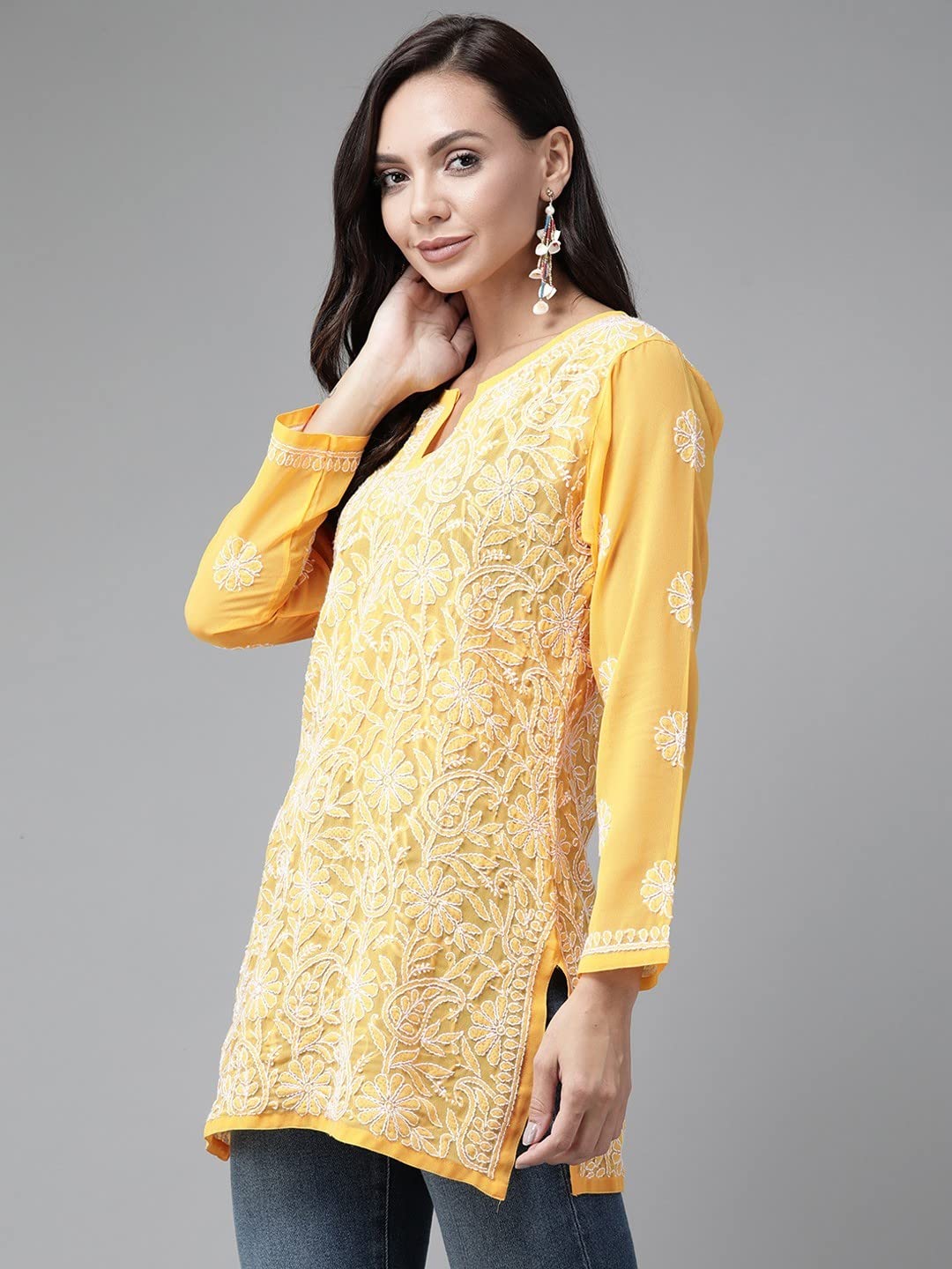 Ada Indian Hand Embroidered Chikankari Women's Georgette Yellow Top Tunic Shirt Kurti A911231 (Large)