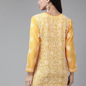 Ada Indian Hand Embroidered Chikankari Women's Georgette Yellow Top Tunic Shirt Kurti A911231 (Large)