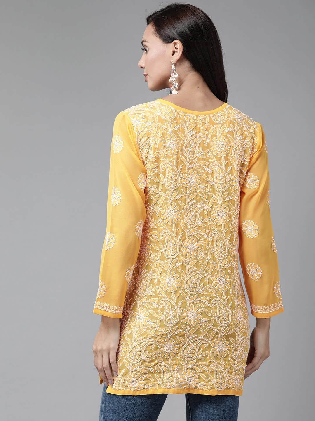 Ada Indian Hand Embroidered Chikankari Women's Georgette Yellow Top Tunic Shirt Kurti A911231 (Large)