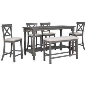 lumisol wood kitchen dining table set of 6 with bench and chairs farmhouse rustic dining room table set, recantgle table with shelf and upholstered seating, gray