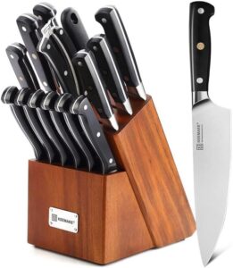 keemake 15-piece kitchen knife set with block, pro kitchen knife set, razor-sharp professional chef knife set full tang, german stainless steel 1.4116 knife block set with kitchen shears