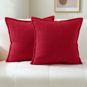 ikuoic red decorative throw pillow covers 20x20 inch set of 2,square cushion case,soft cozy corduroy striped fabric,modern home decor for couch,bed