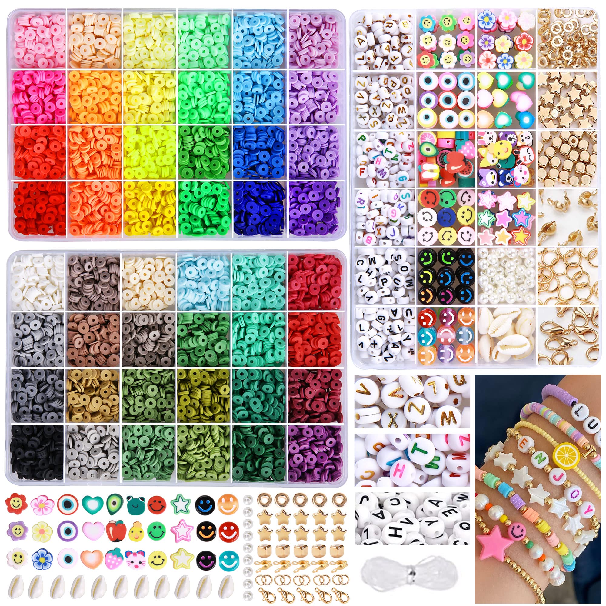 Greentime 8640PCS Clay Beads for Bracelet Making, 48 Colors Flat Round PolymerBeads Spacer Heishi Beads with 312pcs Letter Beads and 535pcs Pendant Charms Kits for Jewelry Marking DIY Crafts