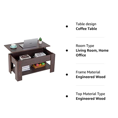 FDW Lift Top Coffee Table with Hidden Compartment and Storage Shelf Wooden Lift Tabletop for Home Living Room Reception Room Office (Espresso)