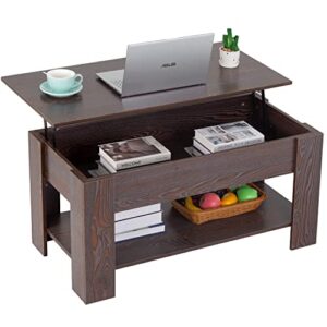 fdw lift top coffee table with hidden compartment and storage shelf wooden lift tabletop for home living room reception room office (espresso)