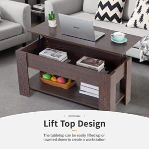 FDW Lift Top Coffee Table with Hidden Compartment and Storage Shelf Wooden Lift Tabletop for Home Living Room Reception Room Office (Espresso)