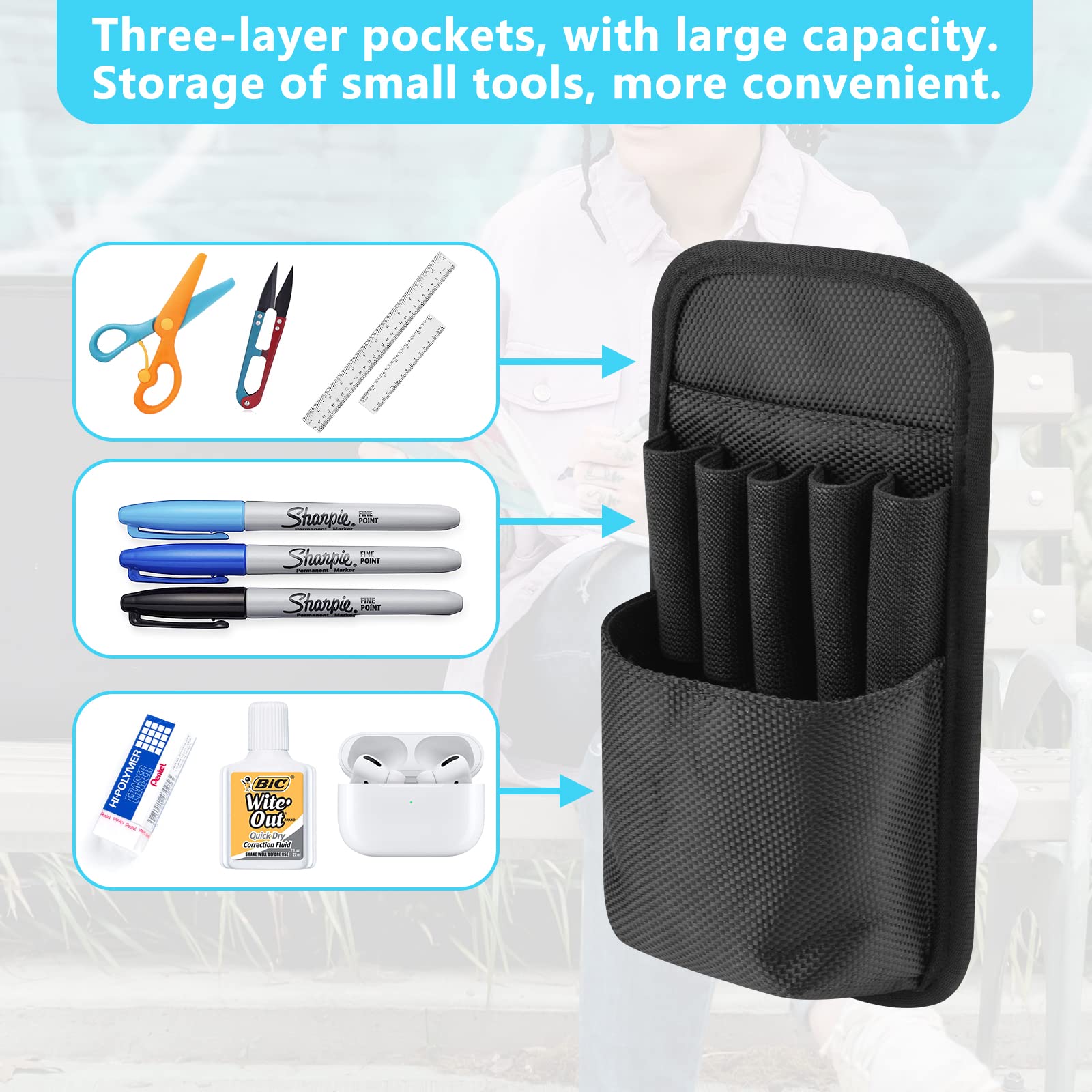 1680D Nylon Belt Pen Holder Multifunctional Adjustable Pencil Holder Pouch Pen Sleeve Case for Sharpie Fine Point, Rulers and Scissors (Black)