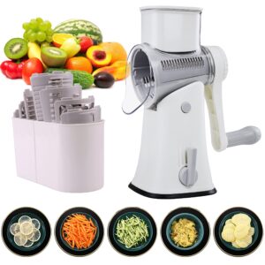 rotary cheese grater and shredder, efficient vegetable cutter with handle, 5 in 1 multifunctional manual mandoline slicer for home use, nuts grinder, durable potato slicer with rubber suction base