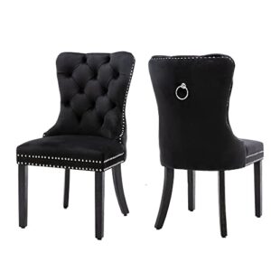 civama dining chairs set of 2, velvet nikki collection dining room chair upholstered modern luxury tufted with nailhead trim back pull ring solid wooden legs, black