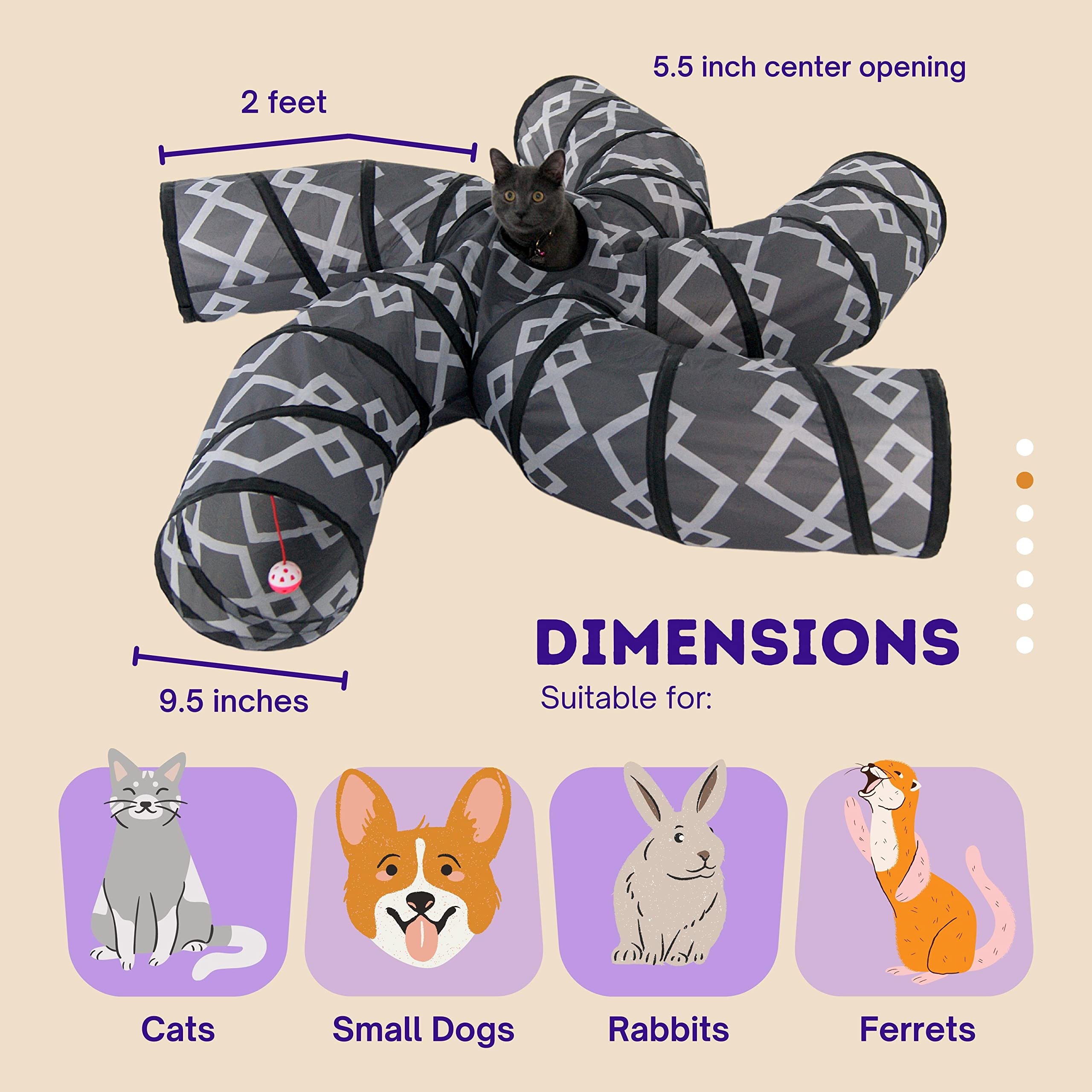 Katdad 5-Way Cat Tunnel with Bag - Fun Cat Toys - Dog Tunnel, Rabbit Tunnel or Ferret Tunnel - Mid-Century Design