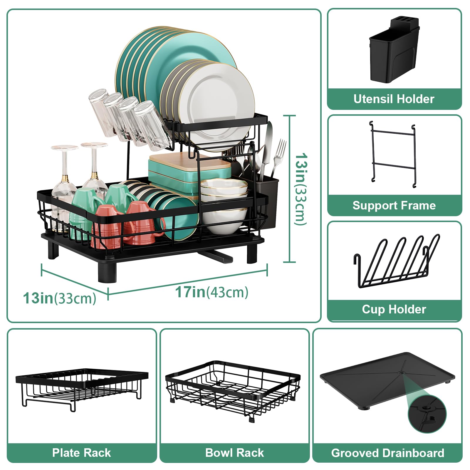 MOUKABAL 2-Tier Kitchen Dish Drying Rack with Removable Utensil Holder, Large Capacity Drying Rack with Drainboard for Kitchen Sink Counter (Black, Metal)