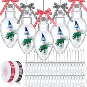 4 inch fillable light bulb shape clear christmas plastic ornaments with removable cap and 20 yards gingham ribbon clear xmas hanging ornaments for diy crafts xmas tree decor (silver, 50)