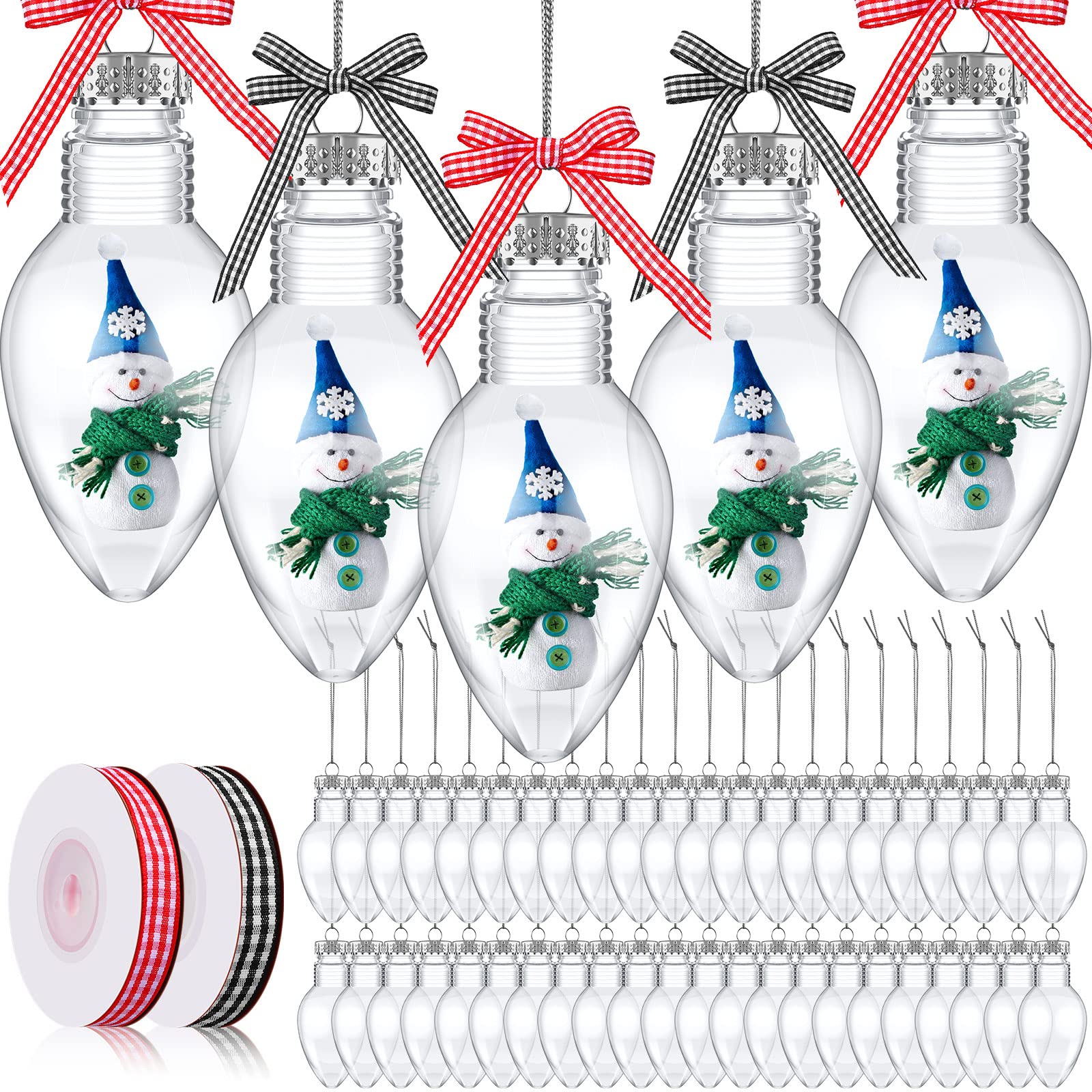 4 Inch Fillable Light Bulb Shape Clear Christmas Plastic Ornaments with Removable Cap and 20 Yards Gingham Ribbon Clear Xmas Hanging Ornaments for DIY Crafts Xmas Tree Decor (Silver, 50)