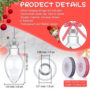 4 Inch Fillable Light Bulb Shape Clear Christmas Plastic Ornaments with Removable Cap and 20 Yards Gingham Ribbon Clear Xmas Hanging Ornaments for DIY Crafts Xmas Tree Decor (Silver, 50)