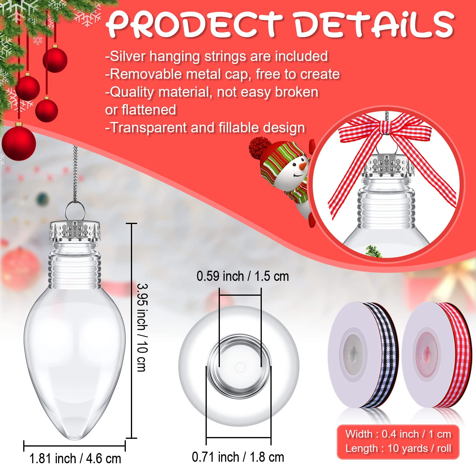 4 Inch Fillable Light Bulb Shape Clear Christmas Plastic Ornaments with Removable Cap and 20 Yards Gingham Ribbon Clear Xmas Hanging Ornaments for DIY Crafts Xmas Tree Decor (Silver, 50)