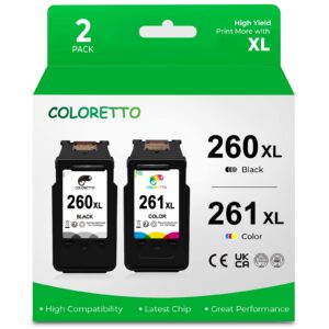 coloretto remanufactured for canon pg-260xl cl-261xl 260 261 xl (1 black, 1 color) printer ink cartridges for pixma ts5320 ts6420 tr7020 all in one wireless printer high yield multipack