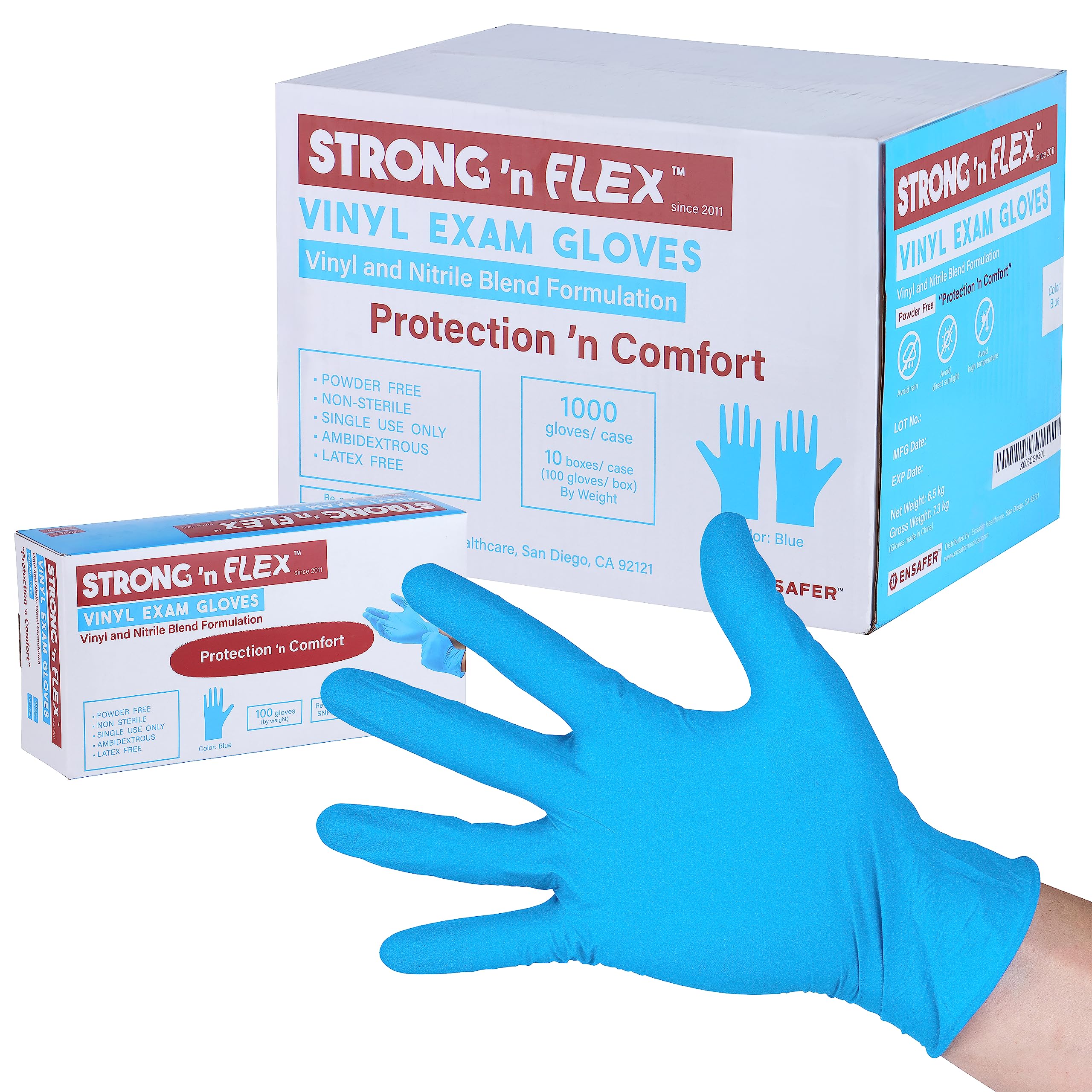 STRONG 'n FLEX Vinyl-Nitrile Blend Exam Gloves - 10 Boxes of 100 - Latex Free, Powder Free, Versatile, & Non-sterile (XL)