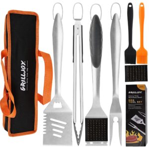 grilljoy 8pcs heavy duty bbq grill tools set with extra thick stainless steel spatula, fork, tongs & cleaning brush - complete barbecue accessories kit with portable bag - perfect grill gifts for men