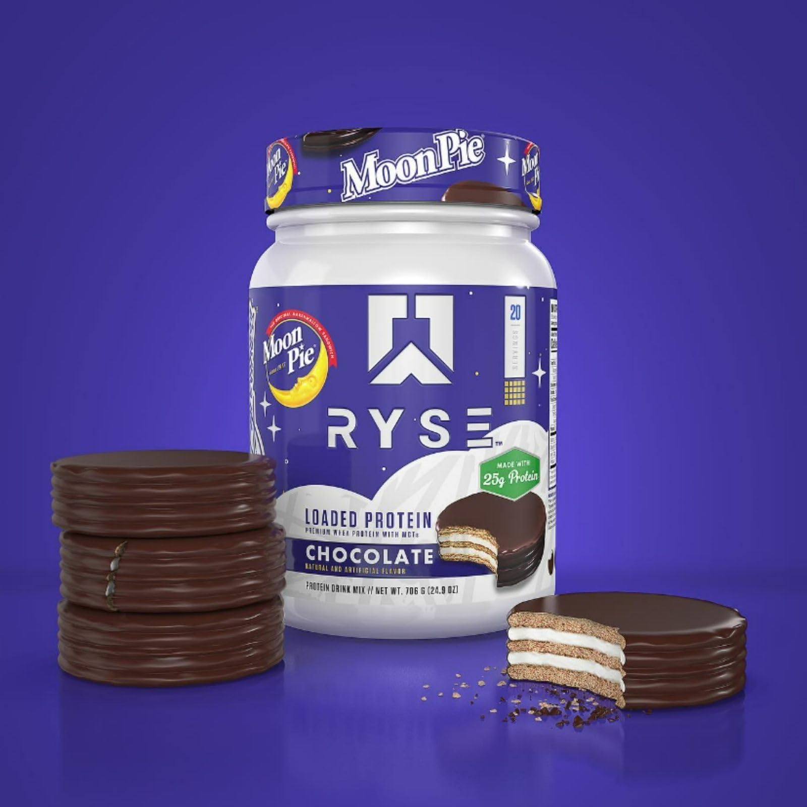 RYSE Loaded Protein Powder | 25g Whey Protein Isolate & Concentrate | with Prebiotic Fiber & MCTs | Low Carbs & Low Sugar | 20 Servings (Moon Pie Chocolate)