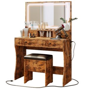 ironck vanity desk set with led lighted mirror & power outlet, makeup vanity table with 4 drawers,storage bench,for bedroom, bathroom, vintage brown